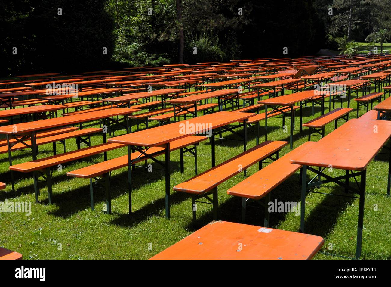 Beer tables with benches Stock Photo - Alamy