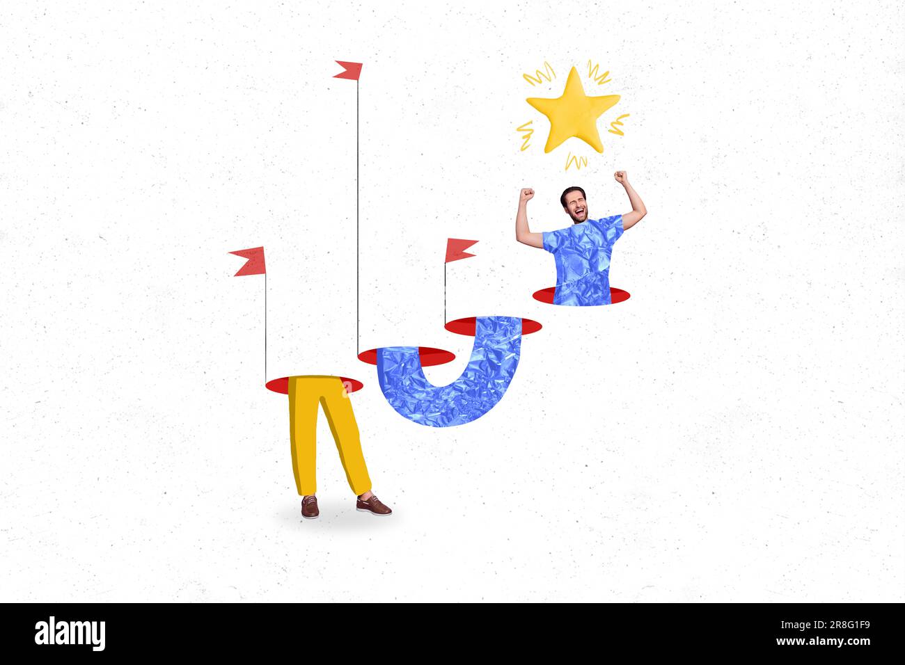 Composite collage of young overjoyed crazy man raised fists up hooray ...