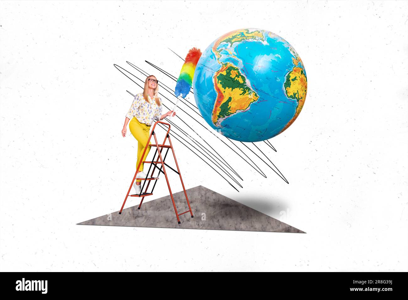 Collage photo concept ecology housekeeper cleaner woman reach upstairs ...