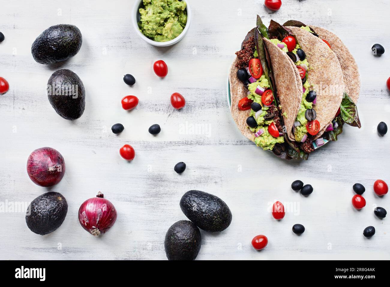 A healthy lunch or dinner of a vegan / vegetarian soft shell taco wrap ...