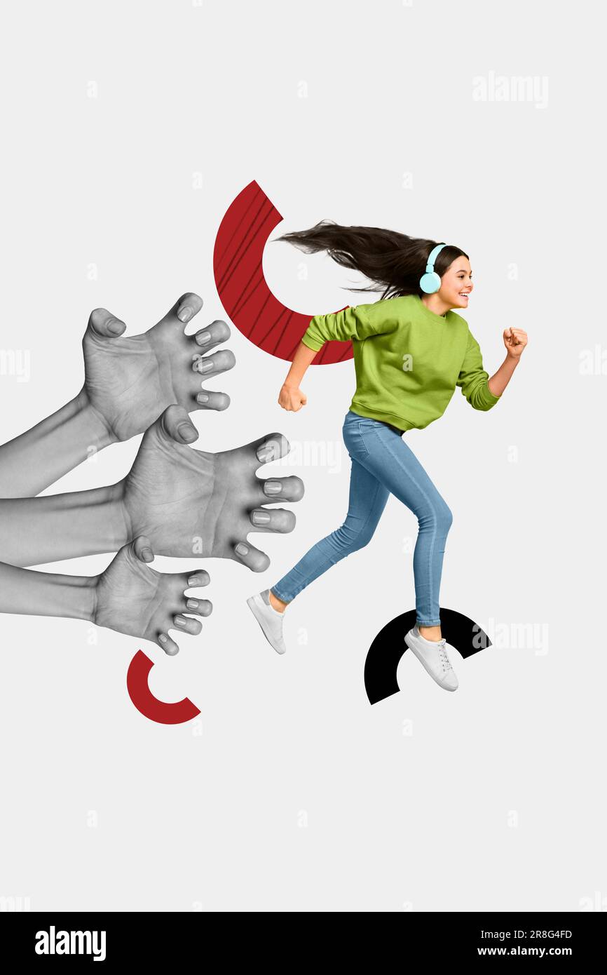 Creative poster banner collage of teen girl run fast away from family ...