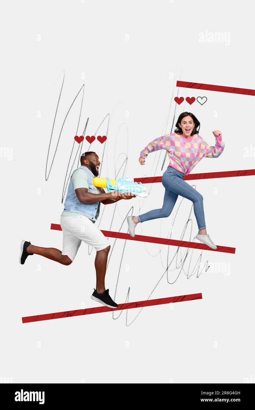 Banner poster collage of two players playing water fight game guy ...