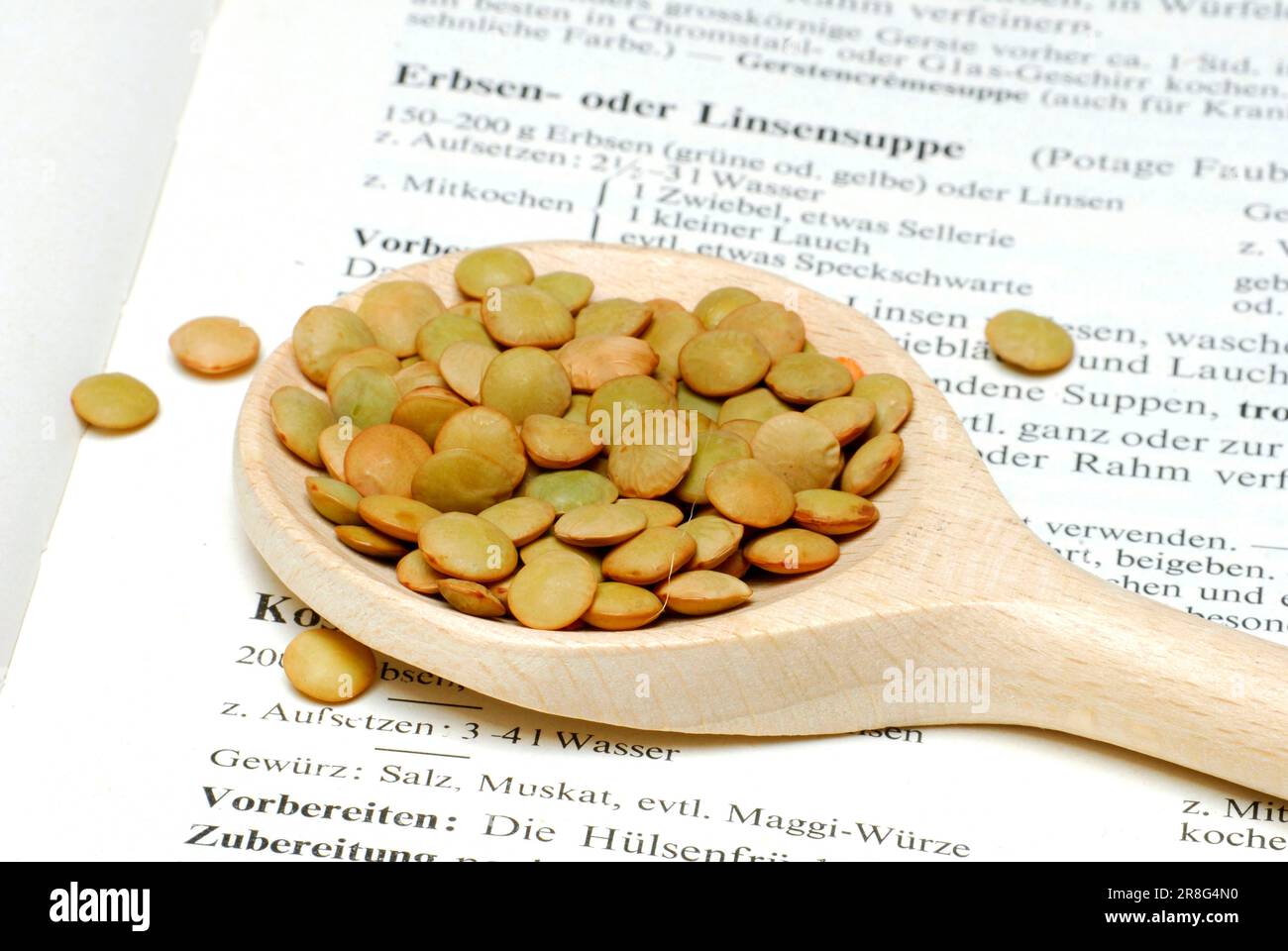 Brown lentils on spoon and recipe (Lens esculenta), Recipe Stock Photo ...