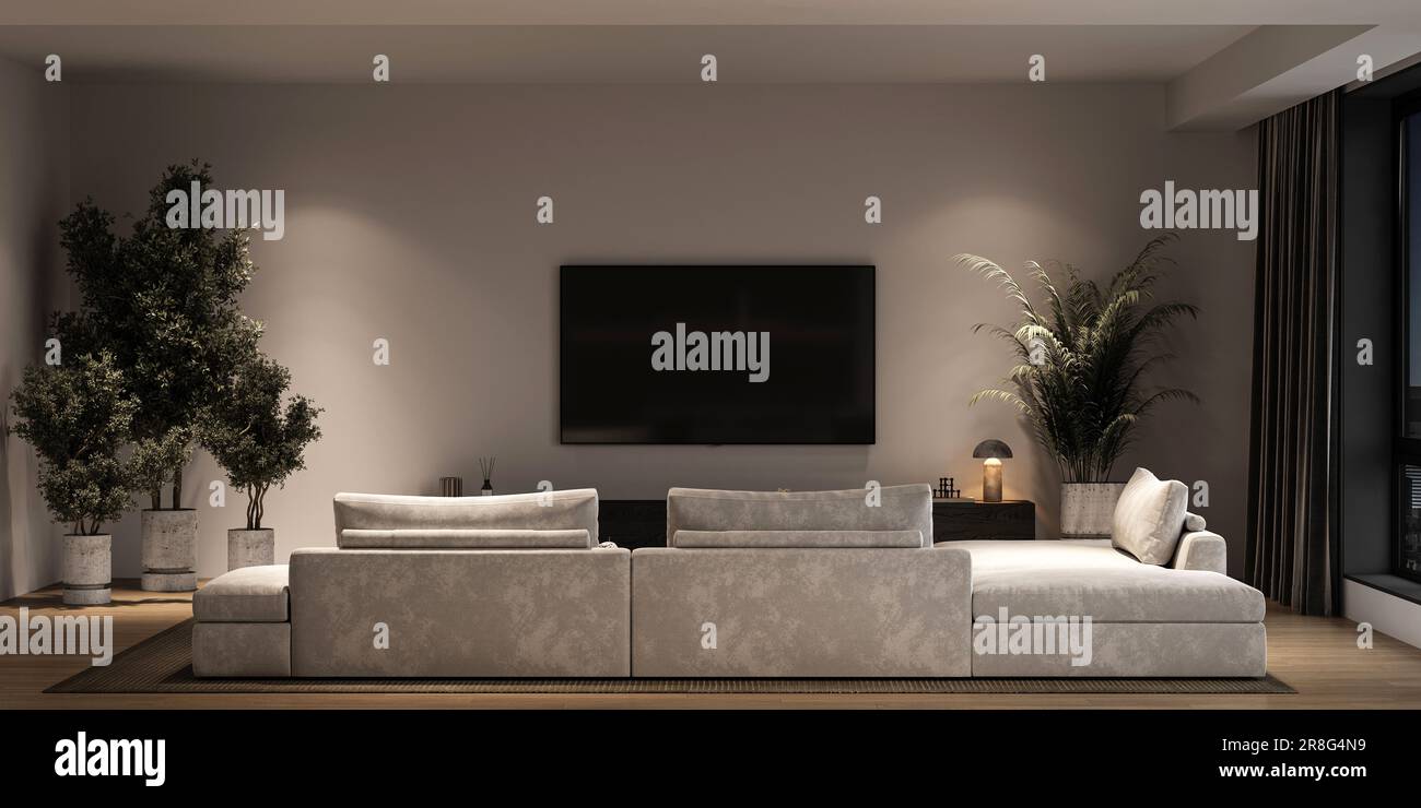 Modern grey minimalist interior livingroom with large gray modular sofa ...