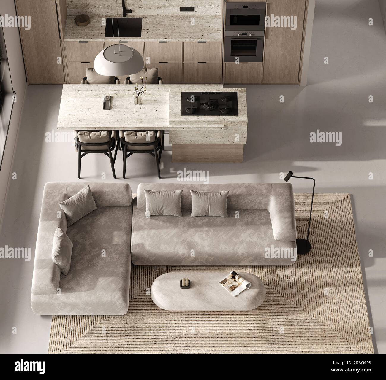 Beige living room interior with concrete floor, ceiling lamp and ...