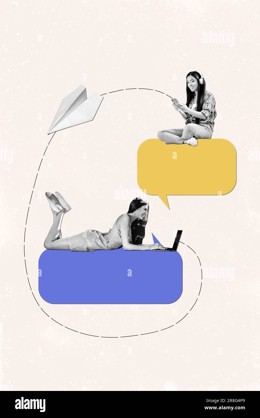 Collage of two girls send messages texting email telegram paper ...