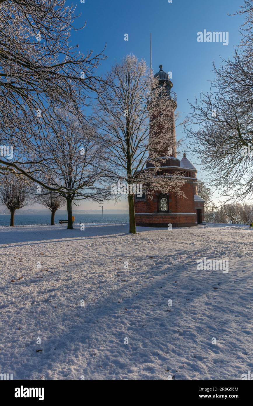 Brickstone lighthouse Holtenau, wintertime in Kiel on the Kiel Canal ...
