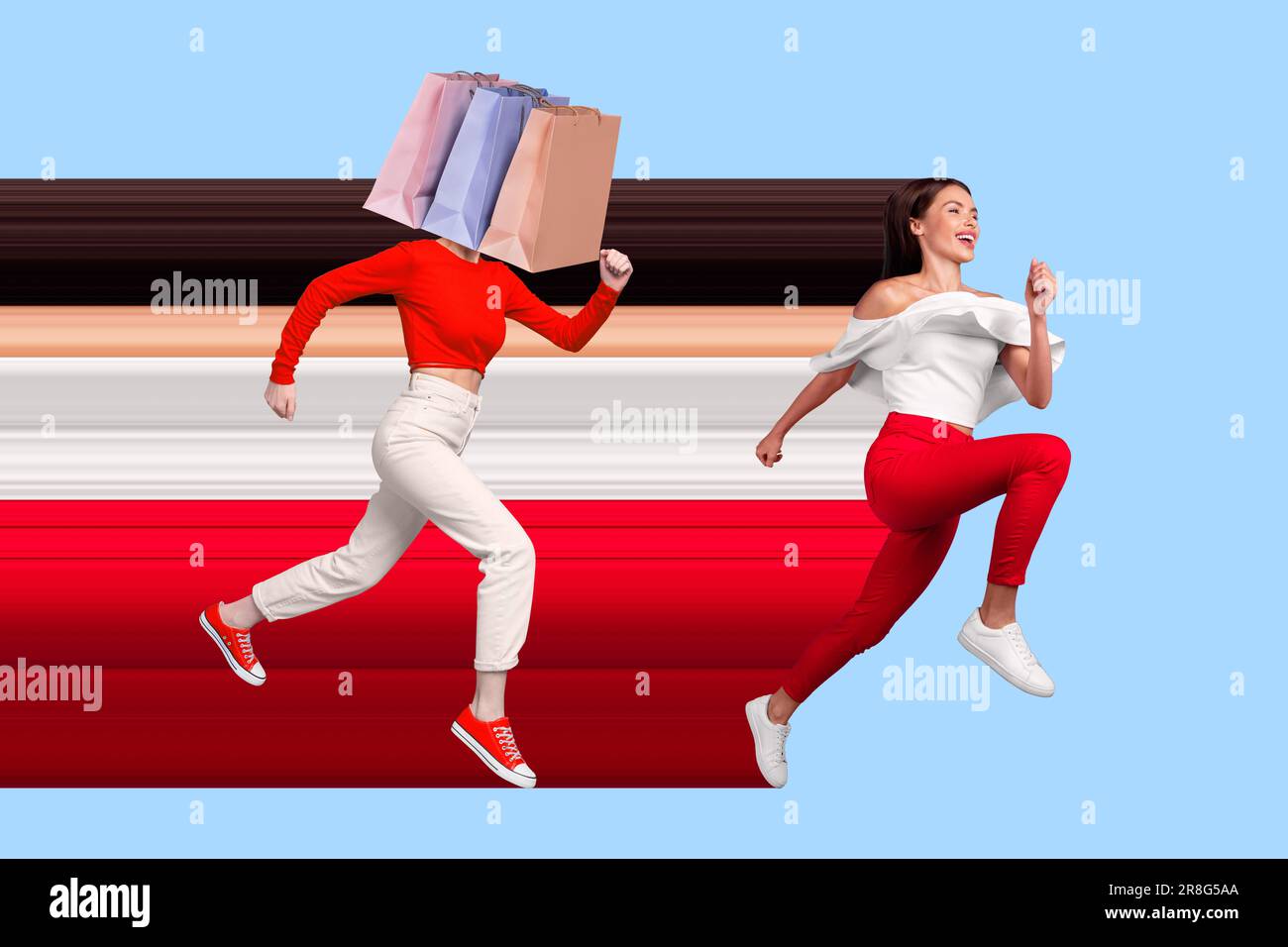 Magazine artwork template collage of two people run fast speed hurry ...