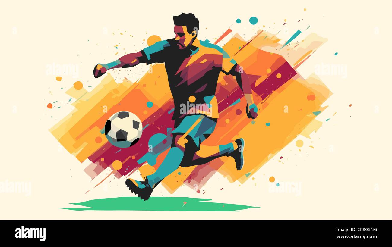 Dribbling soccer player with football ball, flat art style colorful ...