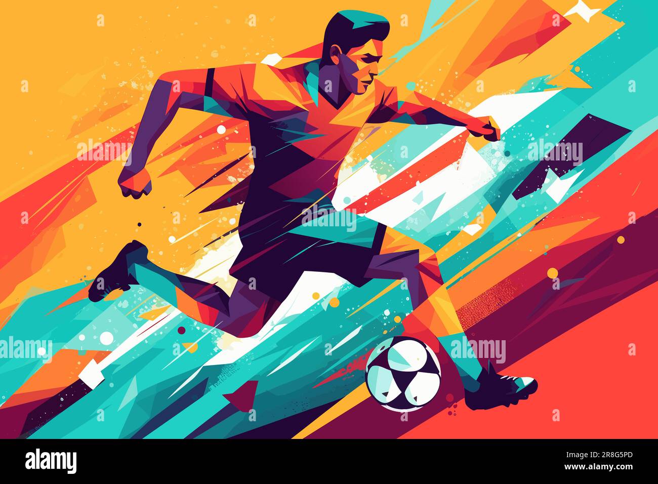 Dribbling soccer player with football ball, flat art style colorful ...
