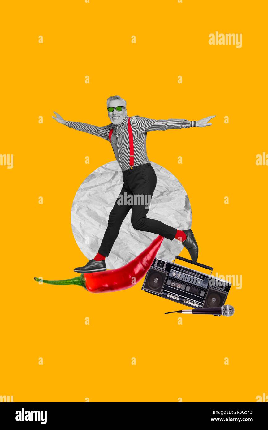 Vertical creative photo artwork collage of happy positive man dancing ...