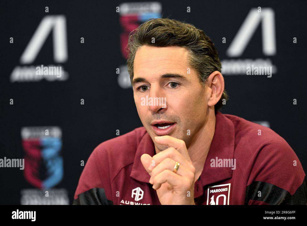 Brisbane, Australia. 21st June, 2023. Queensland coach Billy Slater is ...
