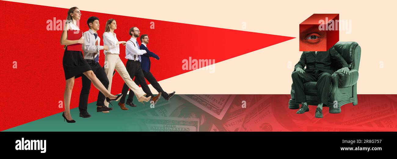 Employees, office workers blindly following tasks ob boss. Control over ...