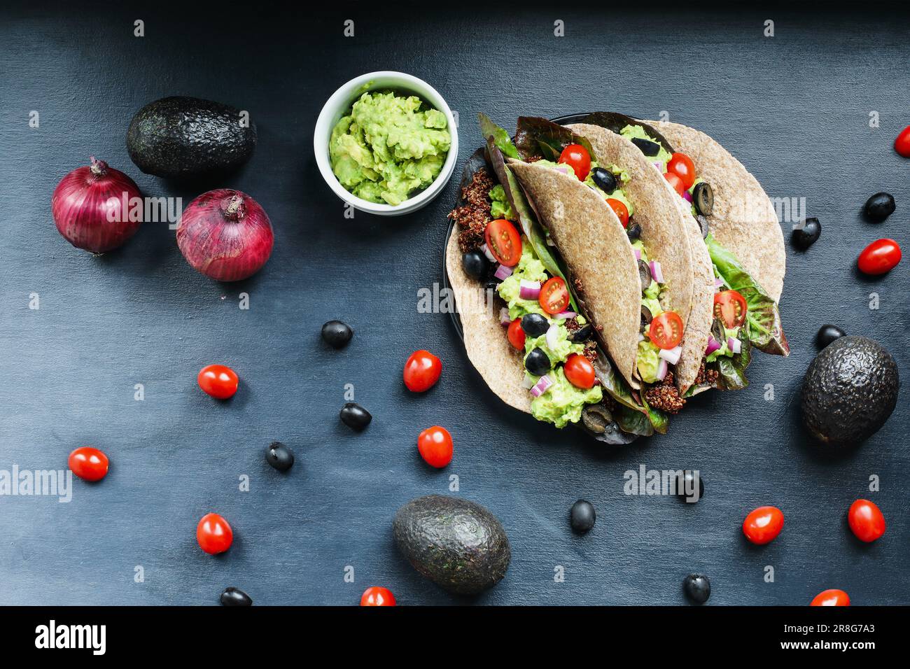 A healthy lunch or dinner of a vegan / vegetarian soft shell taco wrap ...