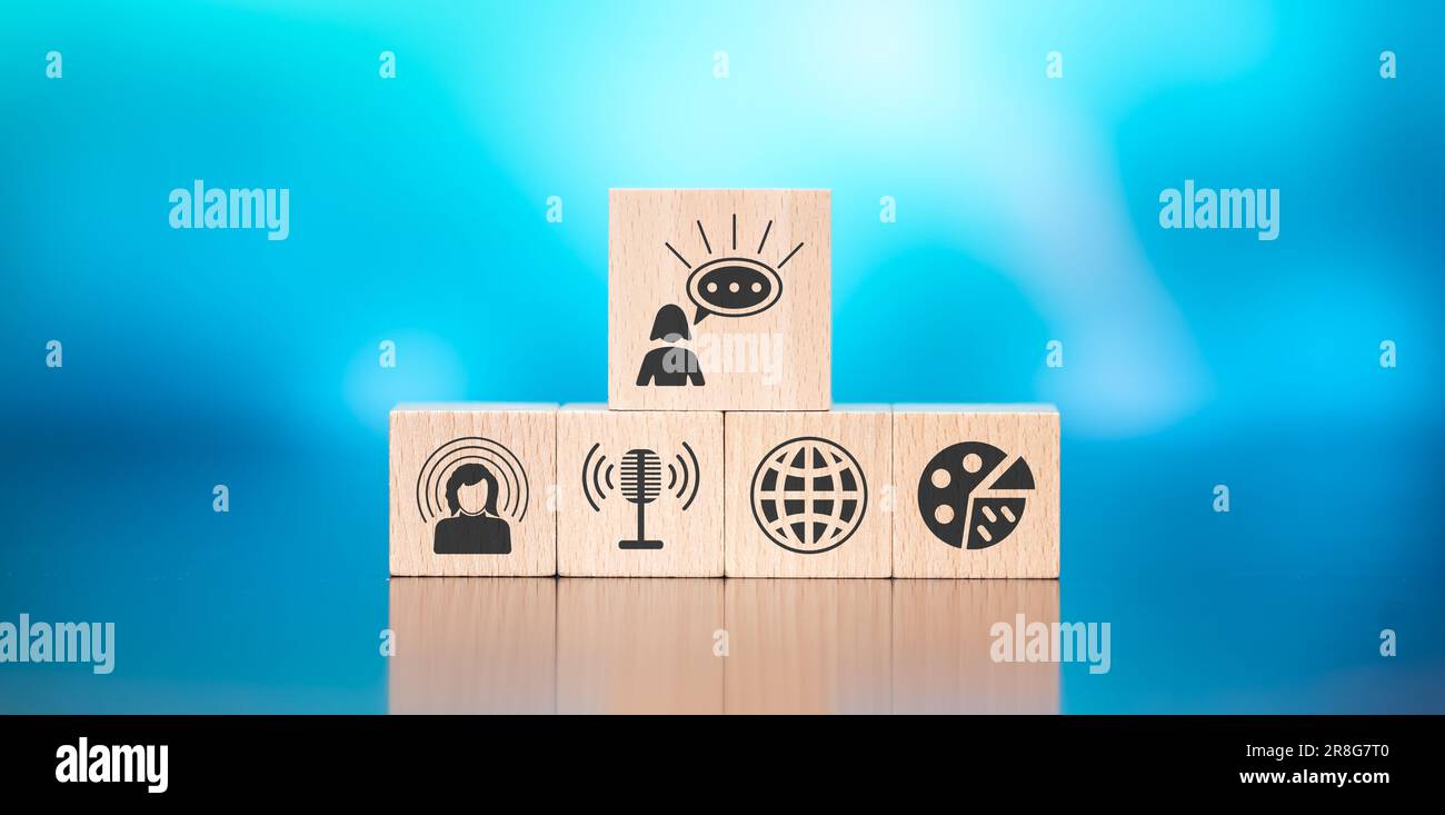 Wooden blocks with symbol of influencer concept on blue background ...