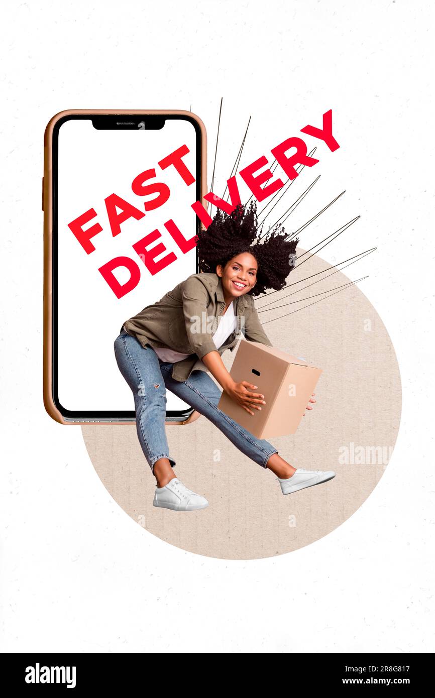 Magazine template collage of courier girl jump from smart gadget phone ...