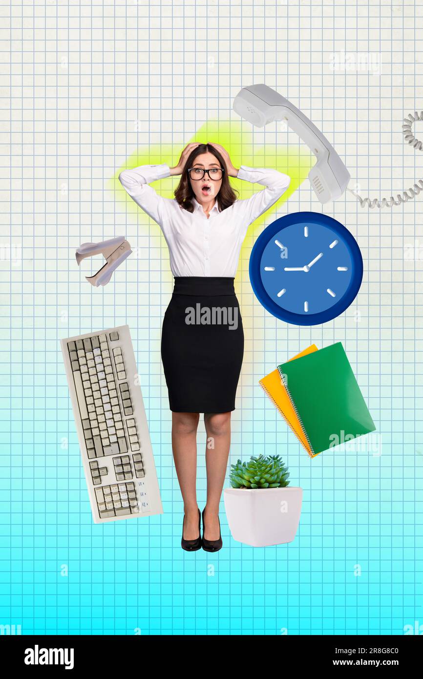Poster banner collage of lady worker impressed with many tasks busy ...