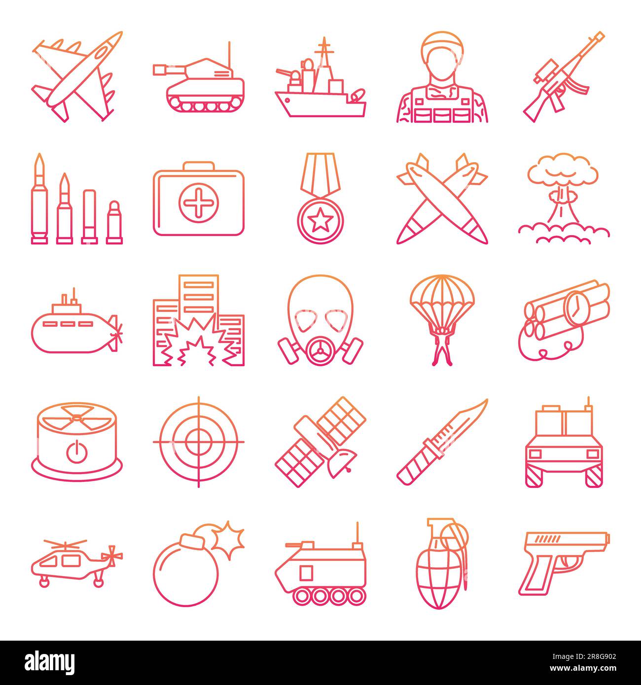 War and military weapons line icon set. Army equipment and transport ...
