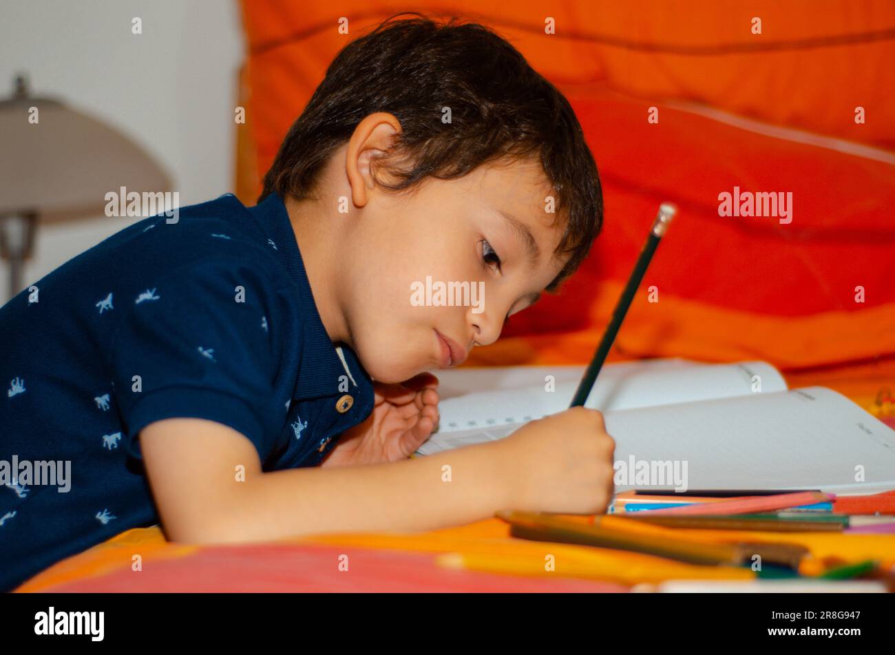little boy drawing with colored pencils on a notebook Stock Photo - Alamy
