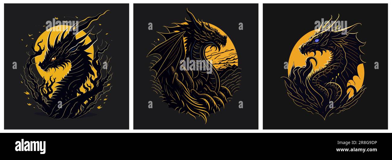 Japanese gold dragon vector art illustrations set Stock Vector Image ...