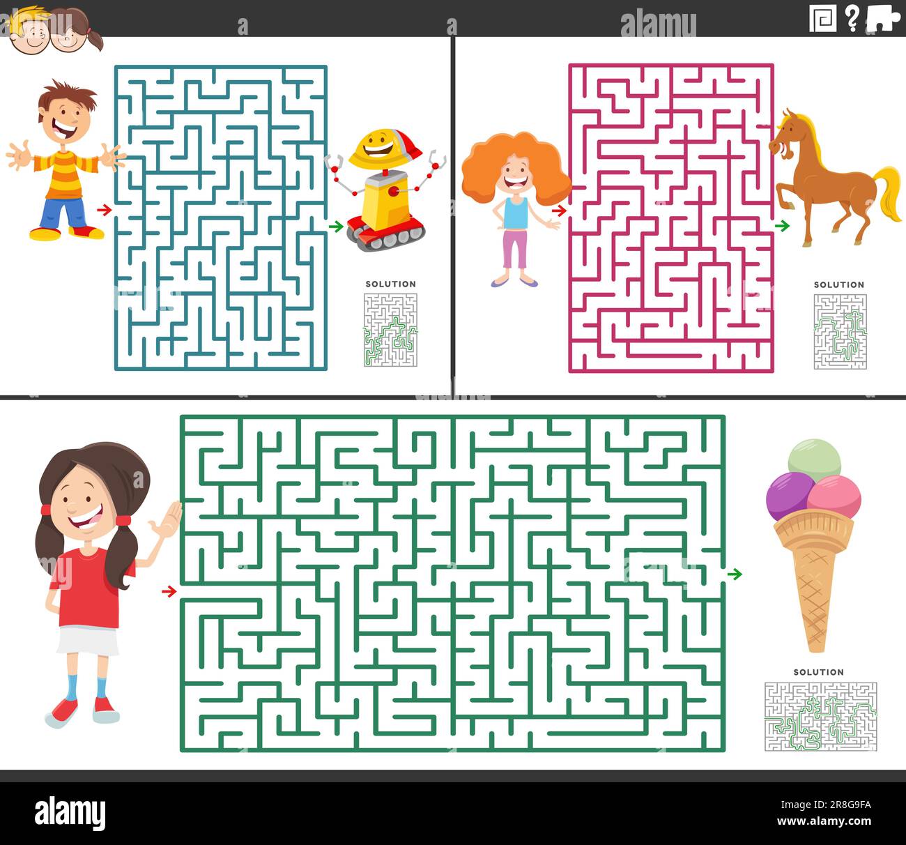 Cartoon illustration of educational maze puzzle games set with happy ...