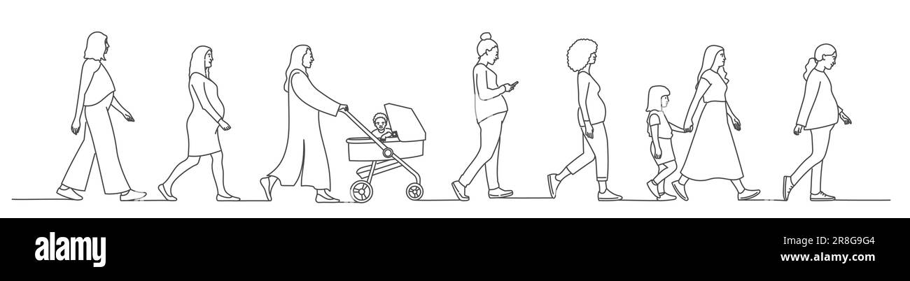 Women walking. People keep their distance. Hand drawn vector ...