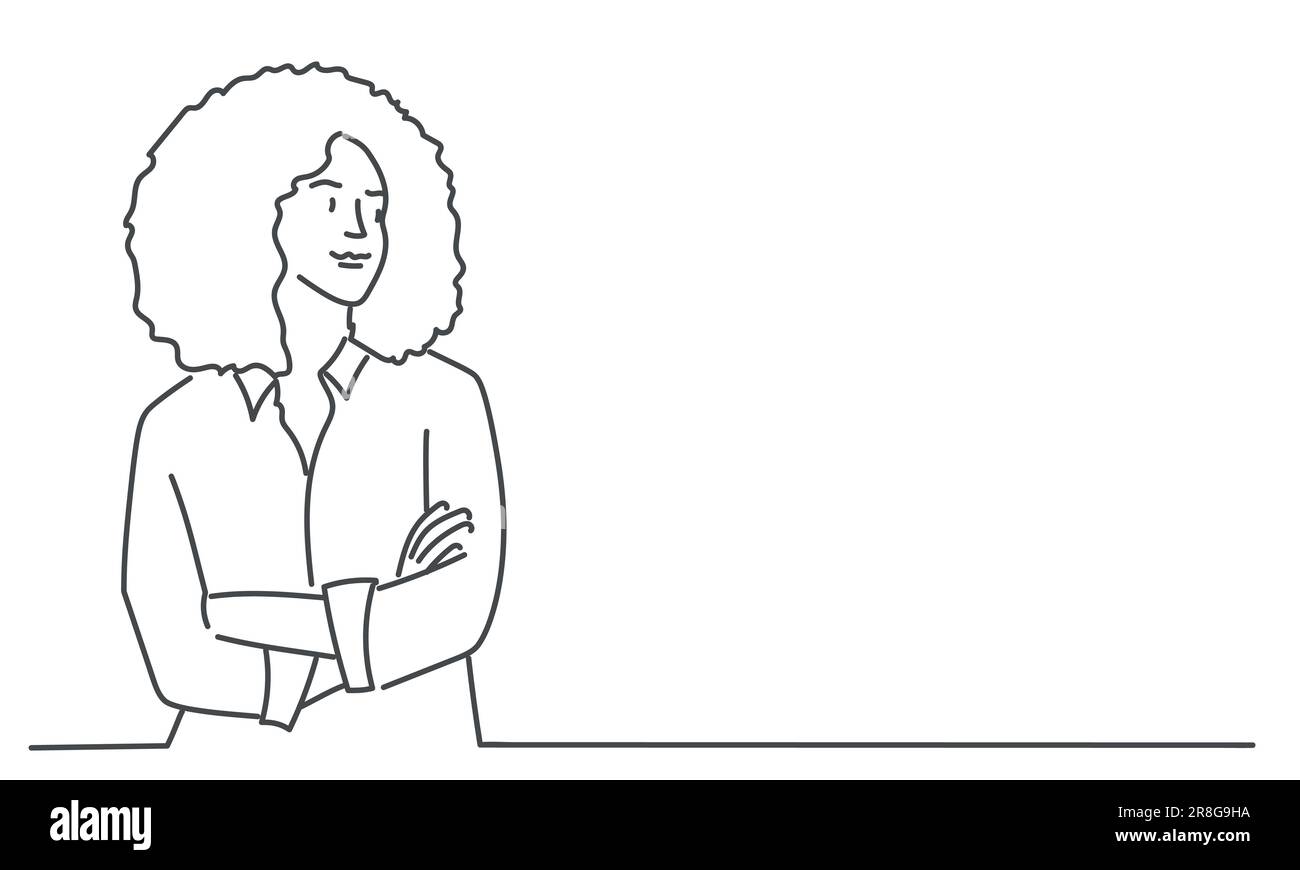 Young confident woman with crossed arms looking away. Hand drawn vector ...
