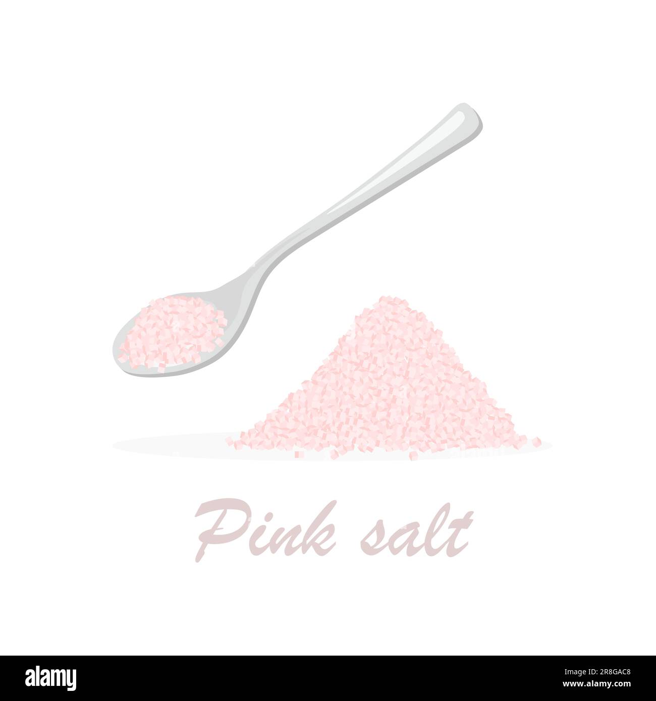Metal silver spoon full of pink salt. Vector teaspoon isolated on white ...