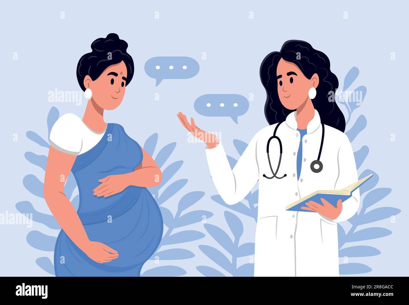 Indian pregnant woman is talking to an obstetrician gynecologist. A woman expecting a baby ...