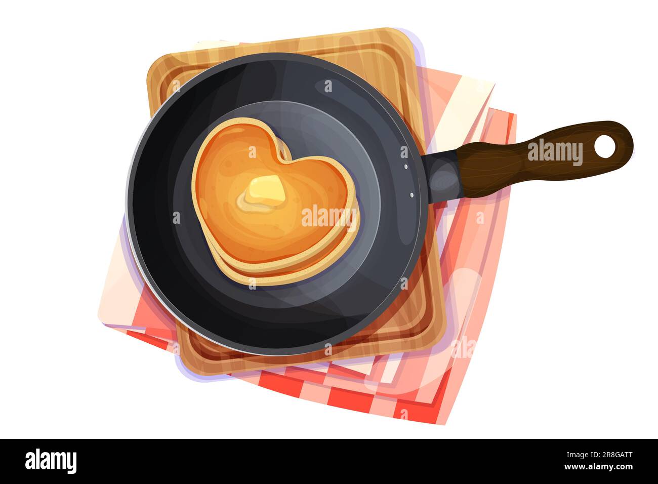 Pancake heart shape on frying pan, wooden board and kitchen towel top ...