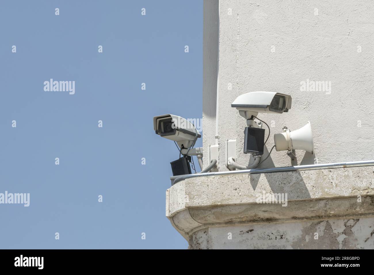 Surveillance cameras in a corner of a building with views from various ...