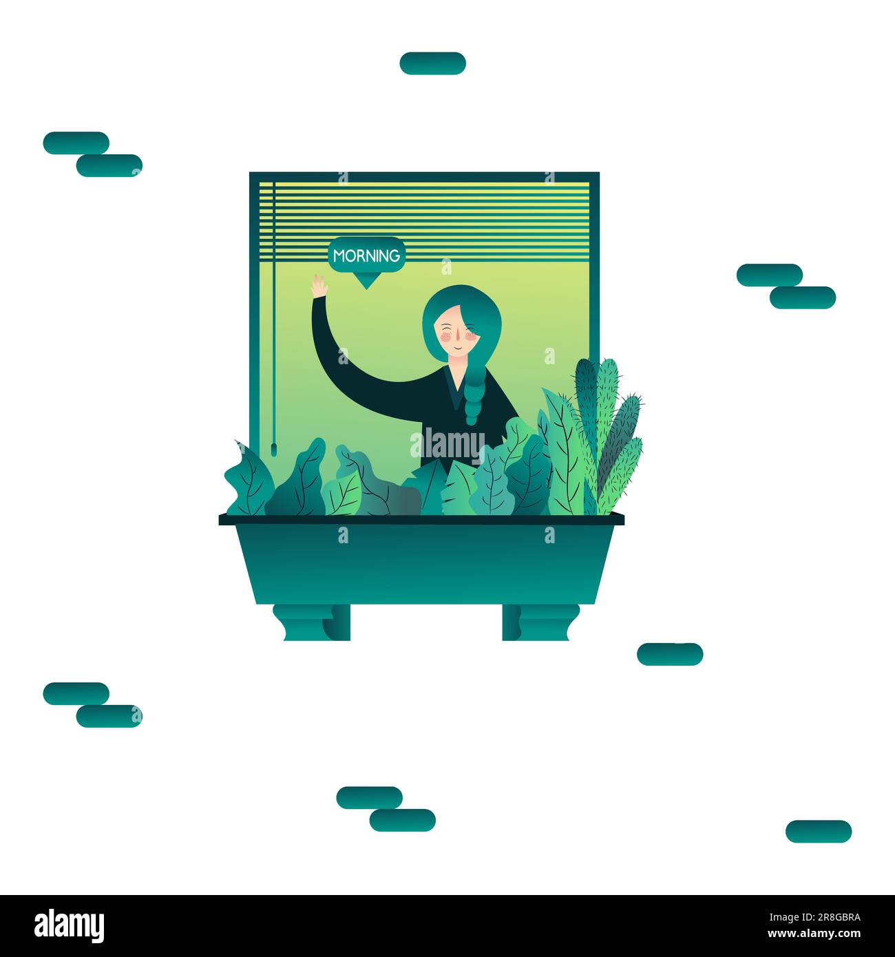 beautiful girl say morning greeting waving hand happiness positive vibe ...