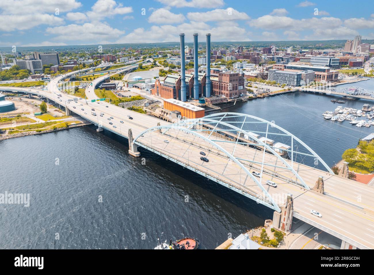 An aerial view of Providence River Bridge with the traffic of Route 95 ...