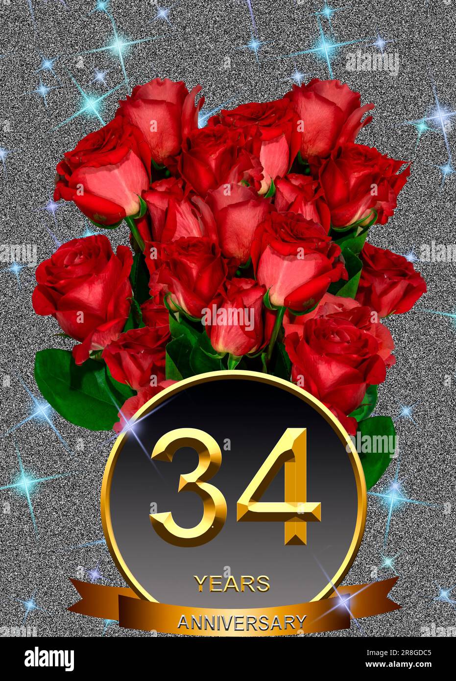 3d illustration, 34 anniversary. golden numbers on a festive background ...