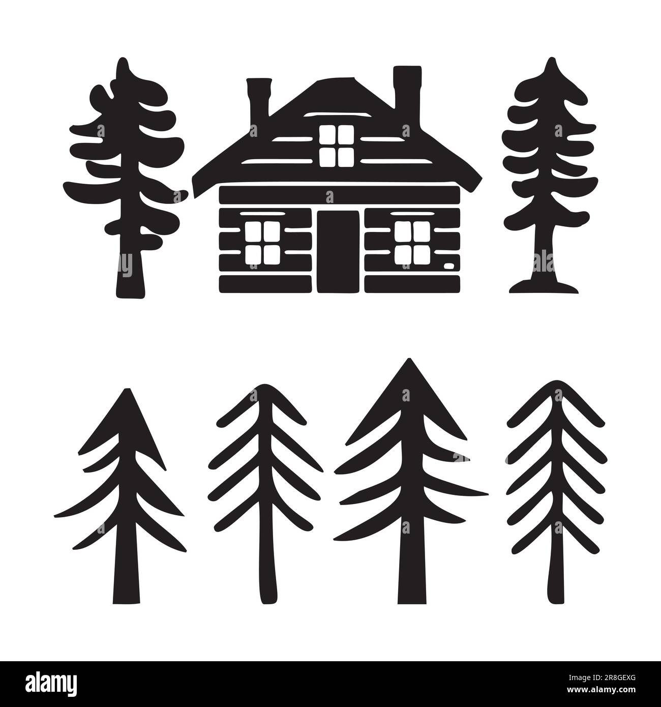 Set of log cabin and alpine fir tree vector illustrations. Masculine ...