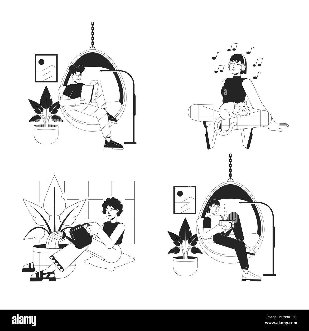 Leisure Activities At Home Bw Vector Spot Illustration Set Stock Vector