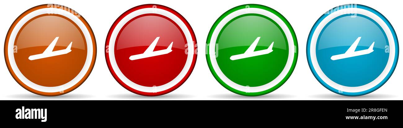 Arrivals, flight, airplane glossy icons, set of modern design buttons ...