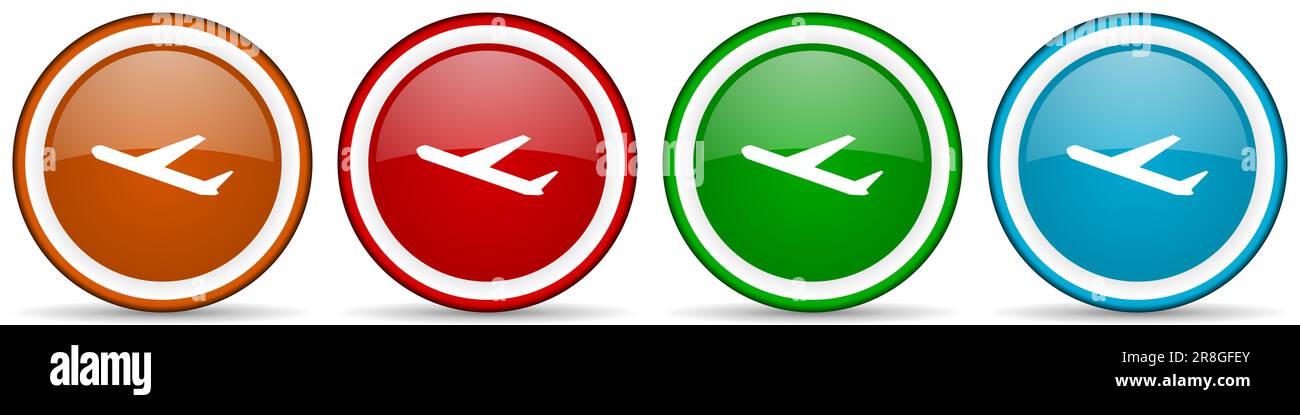 Deparures, flight, airplane glossy icons, set of modern design buttons ...