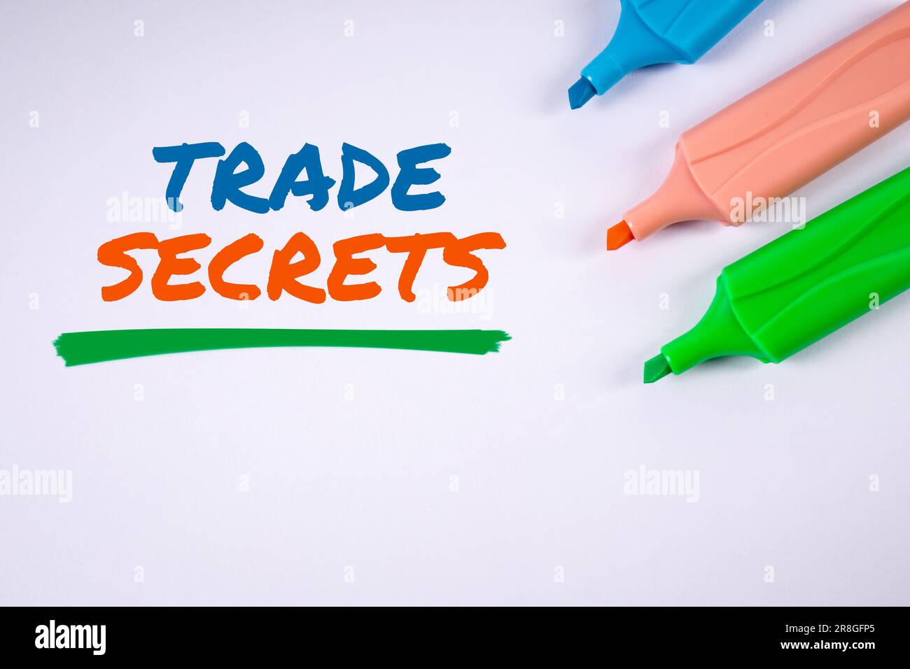 TRADE SECRETS. Text and colored markers on a white background Stock ...