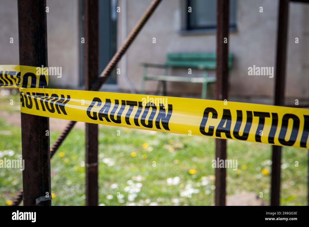 CAUTION tape. Metal constructions. Hazard, construction or waste Stock ...