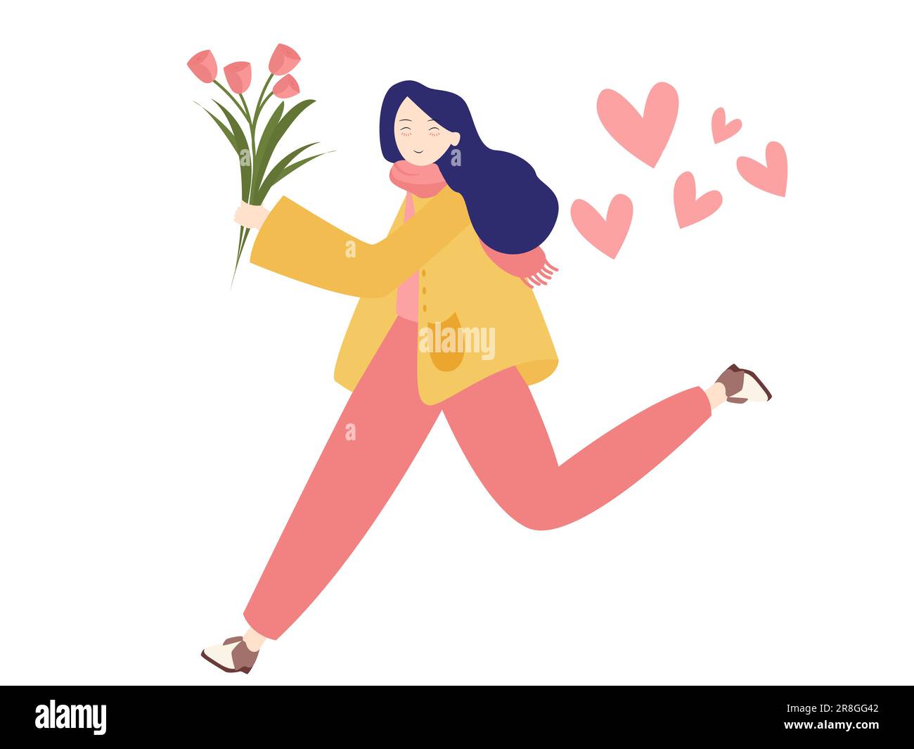 Girl running fast holding pink flower rose full of love shape heart ...