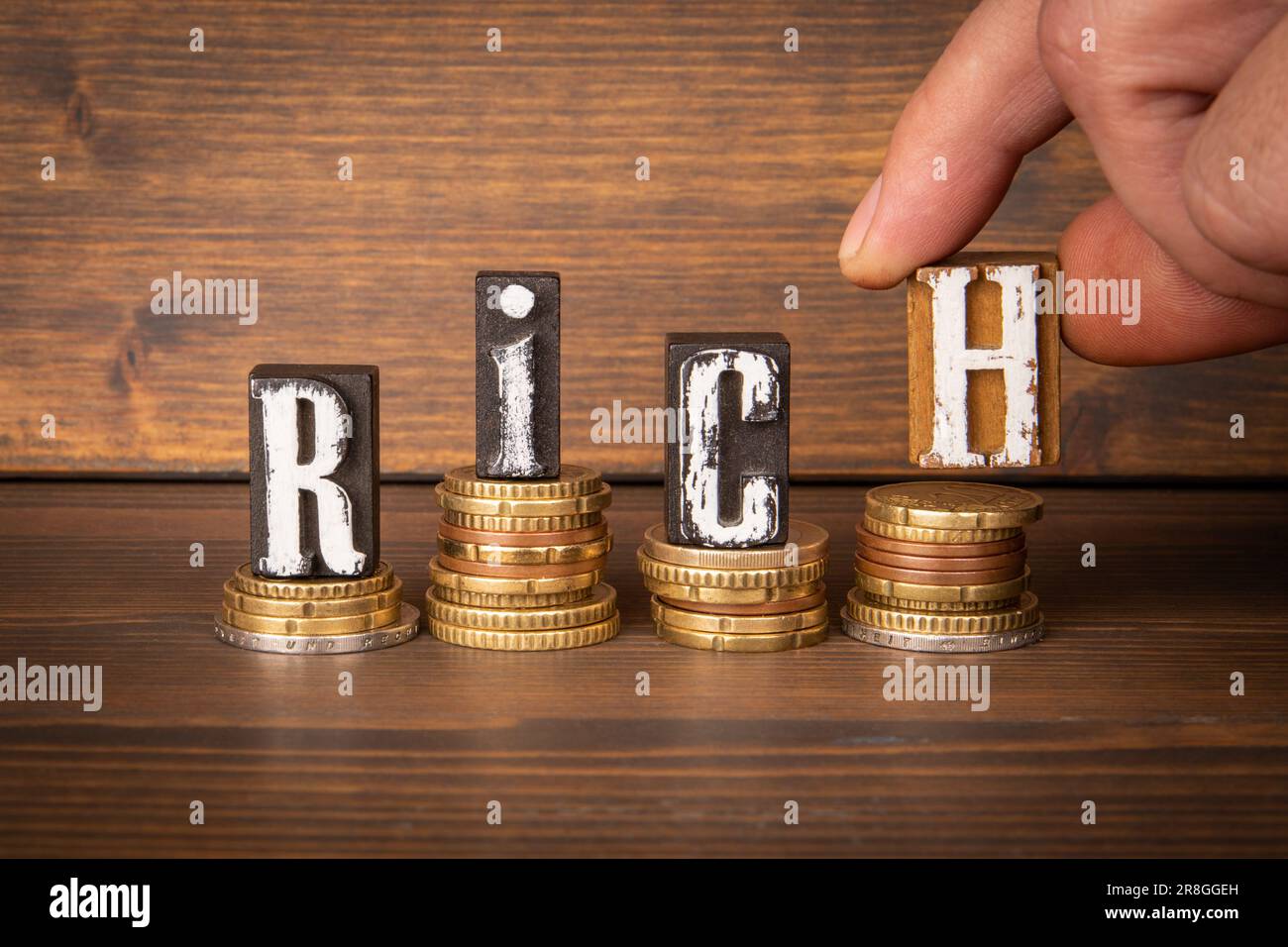 RICH. Text from alphabet letters and change on wood texture background ...