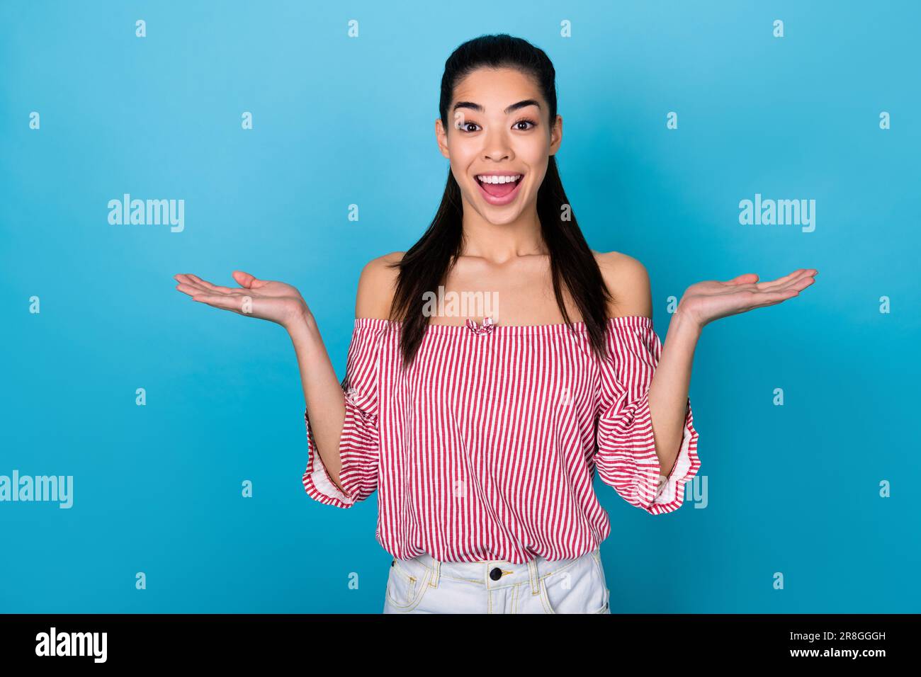 Photo of funky excited girl dressed off shoulders striped blouse ...
