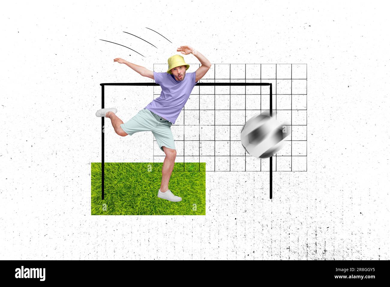 Collage picture of sportive guy footballer kick ball score goal ...