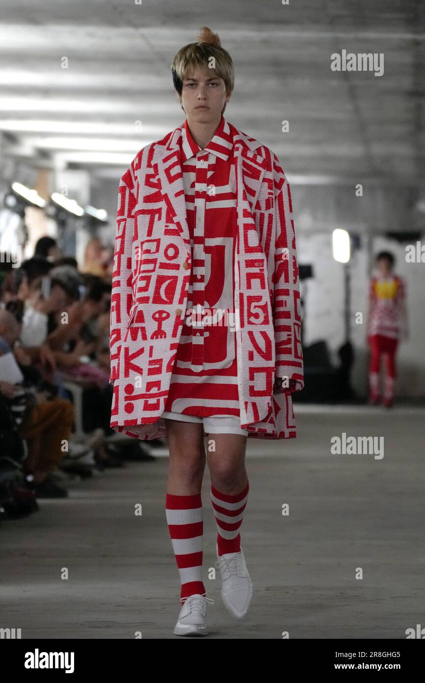 A model wears a creation for Walter van Beirendonck Menswear Spring ...