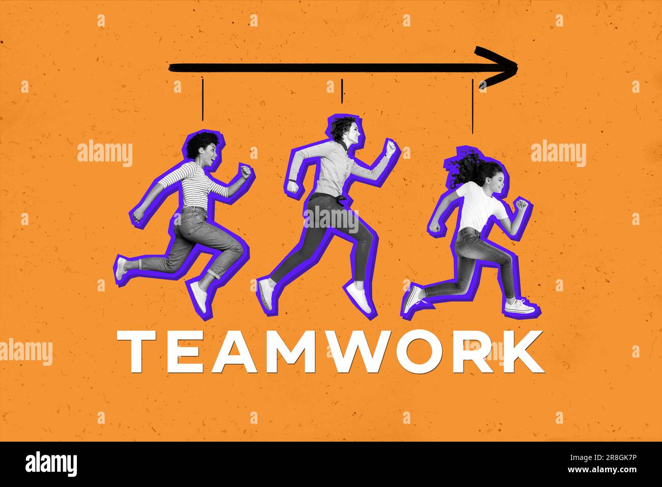 3d retro artwork template collage of purposeful workers running ...