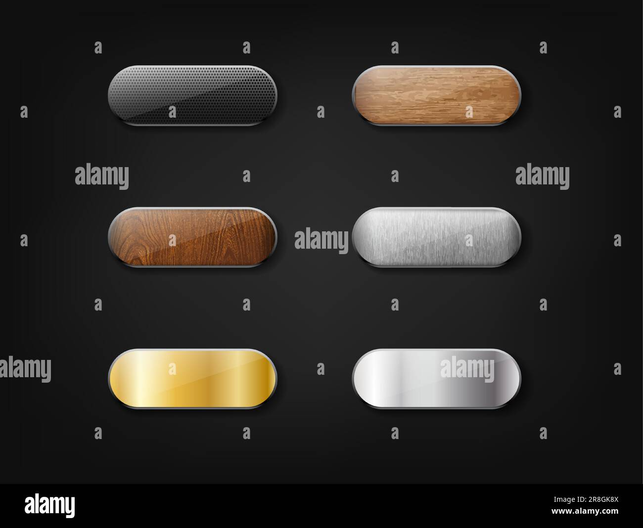 3d realistic vector web buttons. Gold, wood, metal and black. Isolated ...