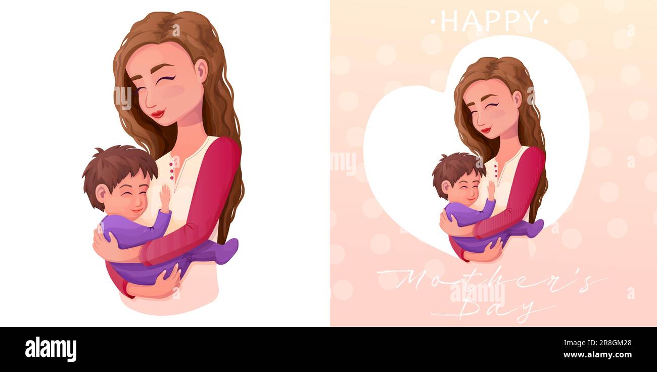 Mother with son, cute hug characters, mothers day in cartoon style ...
