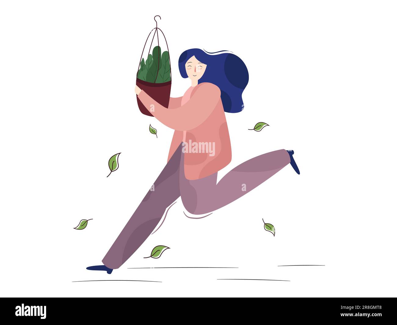 girl running with cactus vase and green leaves beautiful young woman ...