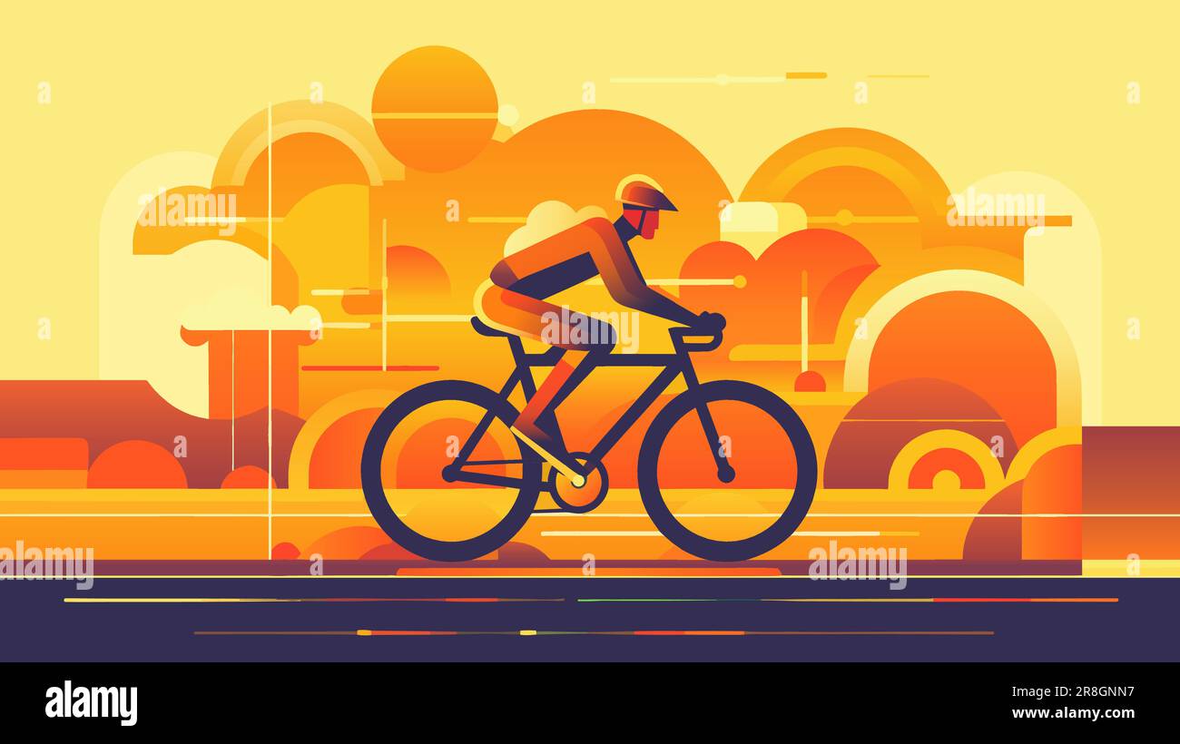 A bicyclist riding a bike on abstract, orange color geometrical ...